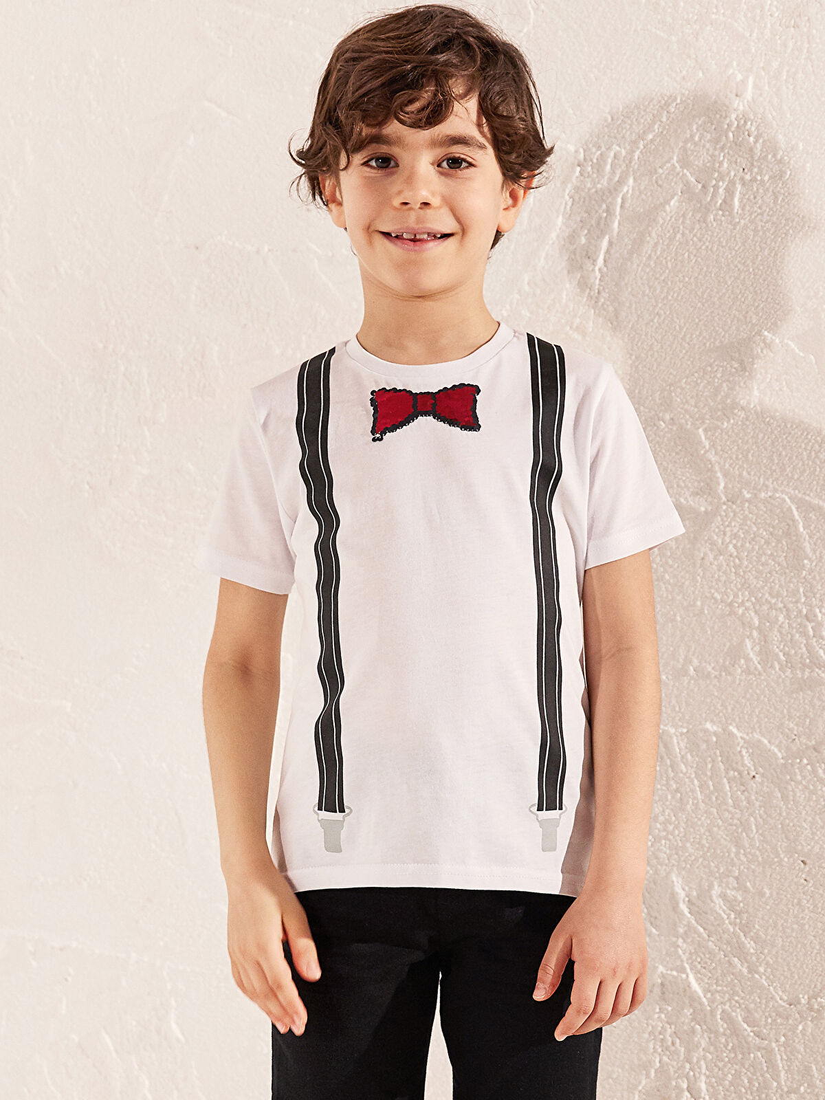 Bisiklet Yaka Baskılı Çift Yönlü Payetli Kısa Kollu Pamuklu Erkek Çocuk Tişört