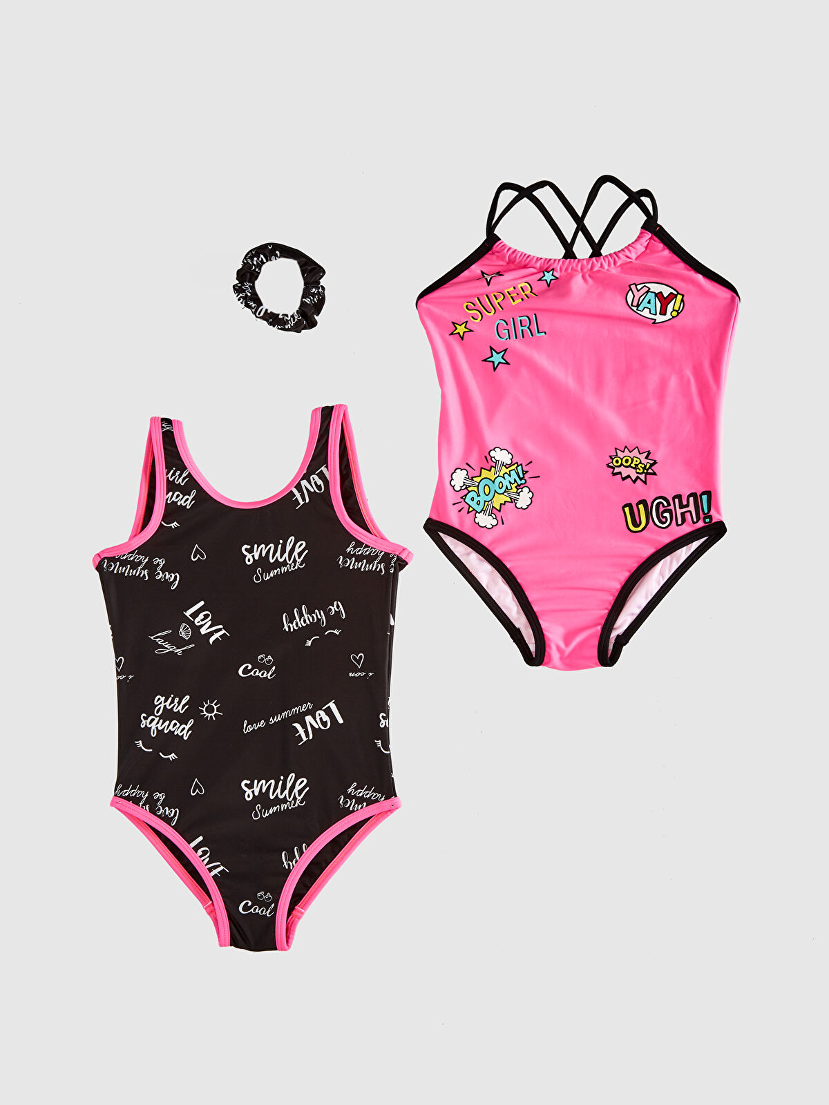 Esnek Kumaştan Baskılı Kız Çocuk 2'li Mayo ve Toka