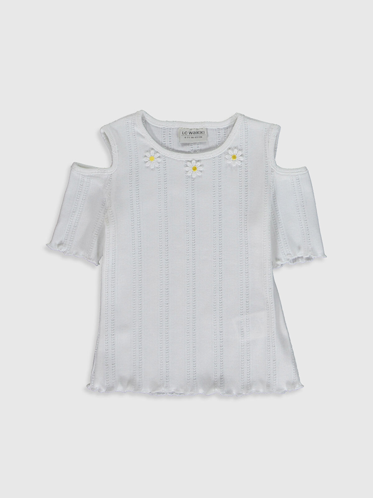 Bisiklet Yaka Çiçek Aplikeli Kısa Kollu Kız Çocuk Tişört