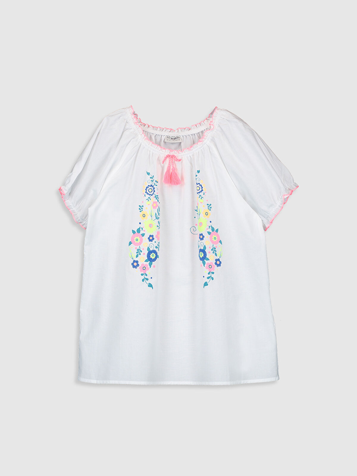 Kayık Yaka Baskılı Kısa Kollu Poplin Kız Çocuk Bluz