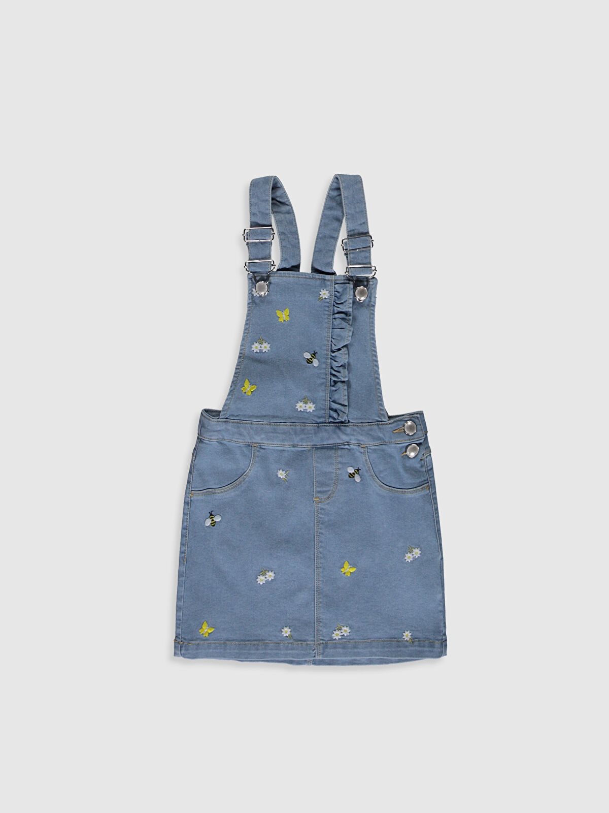 Nakış Detaylı Pamuklu Kız Çocuk Jean Salopet Elbise