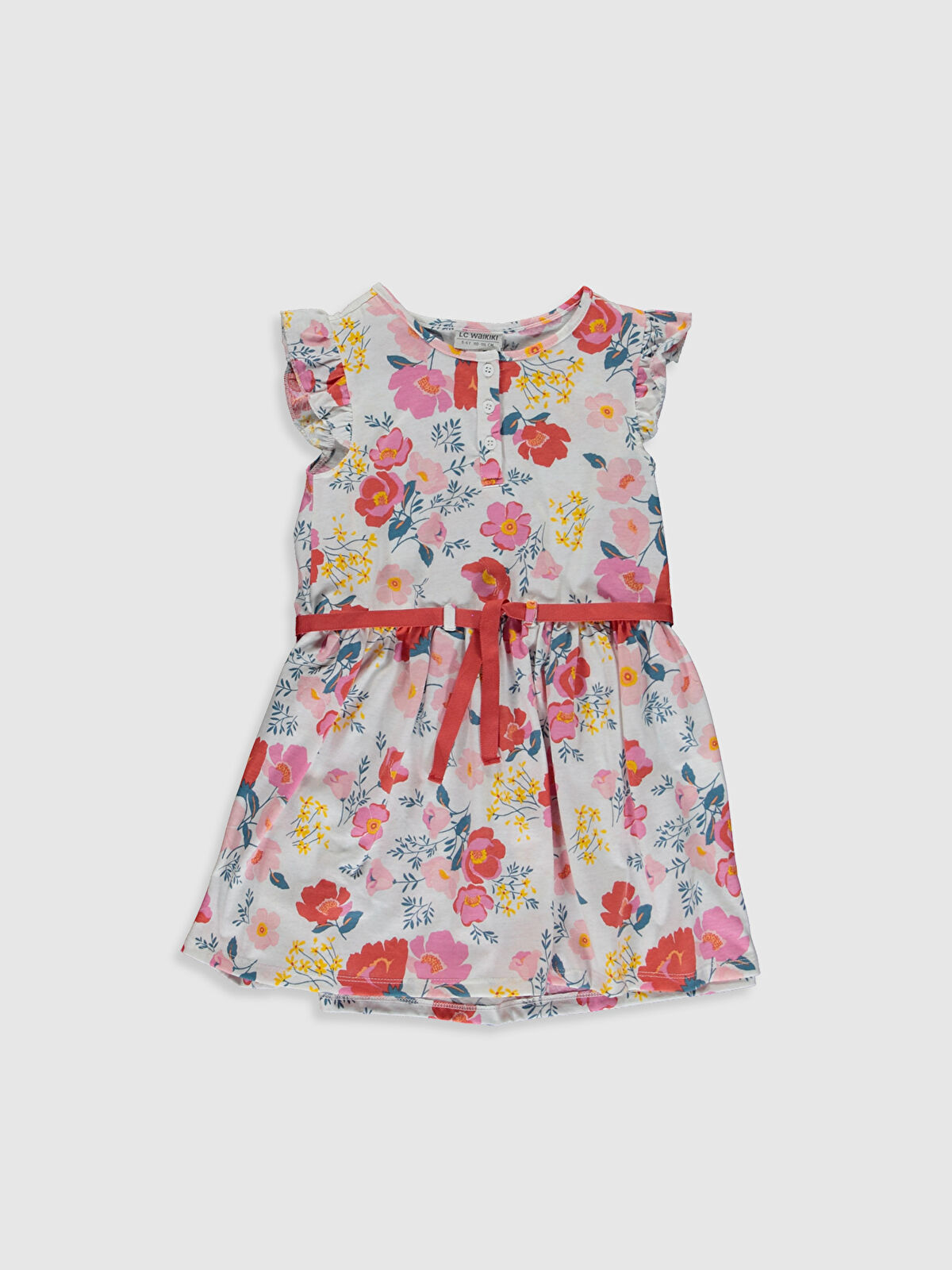 Bisiklet Yaka Desenli Kolları Fırfır Detaylı Kız Çocuk Elbise