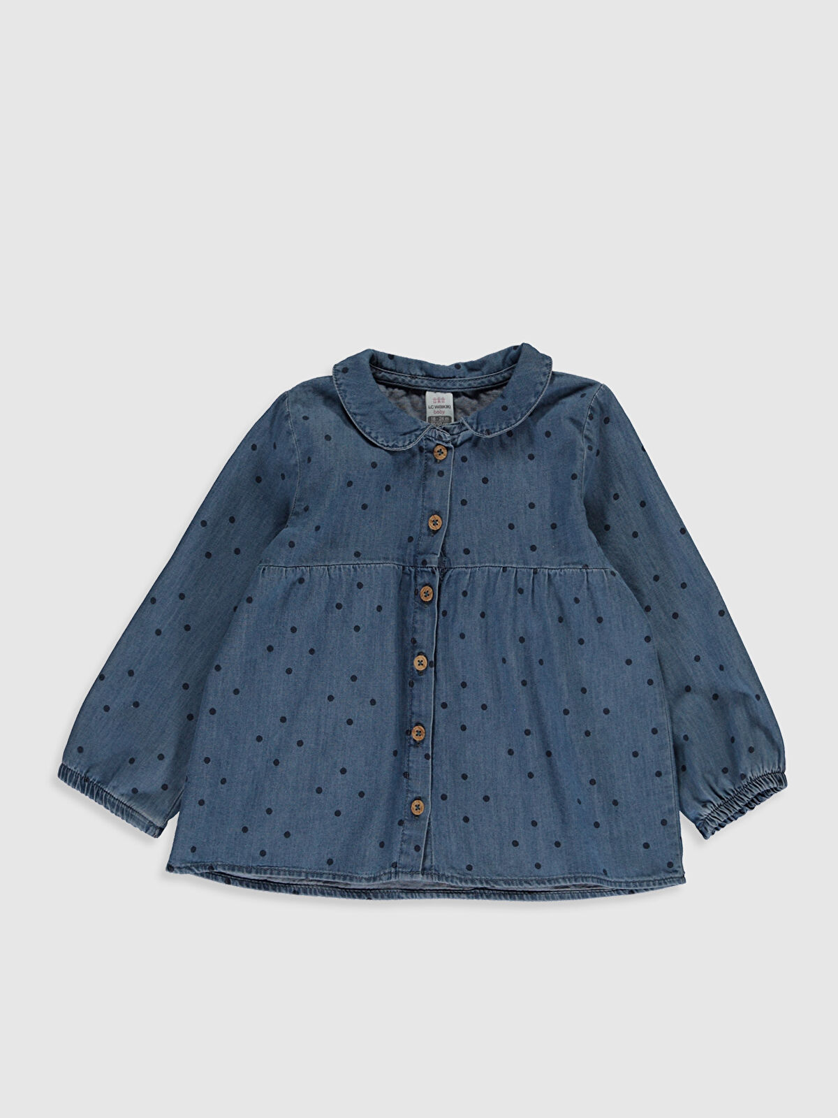 Bebe Yaka Uzun Kollu Puantiye Baskılı Kız Bebek Jean Gömlek