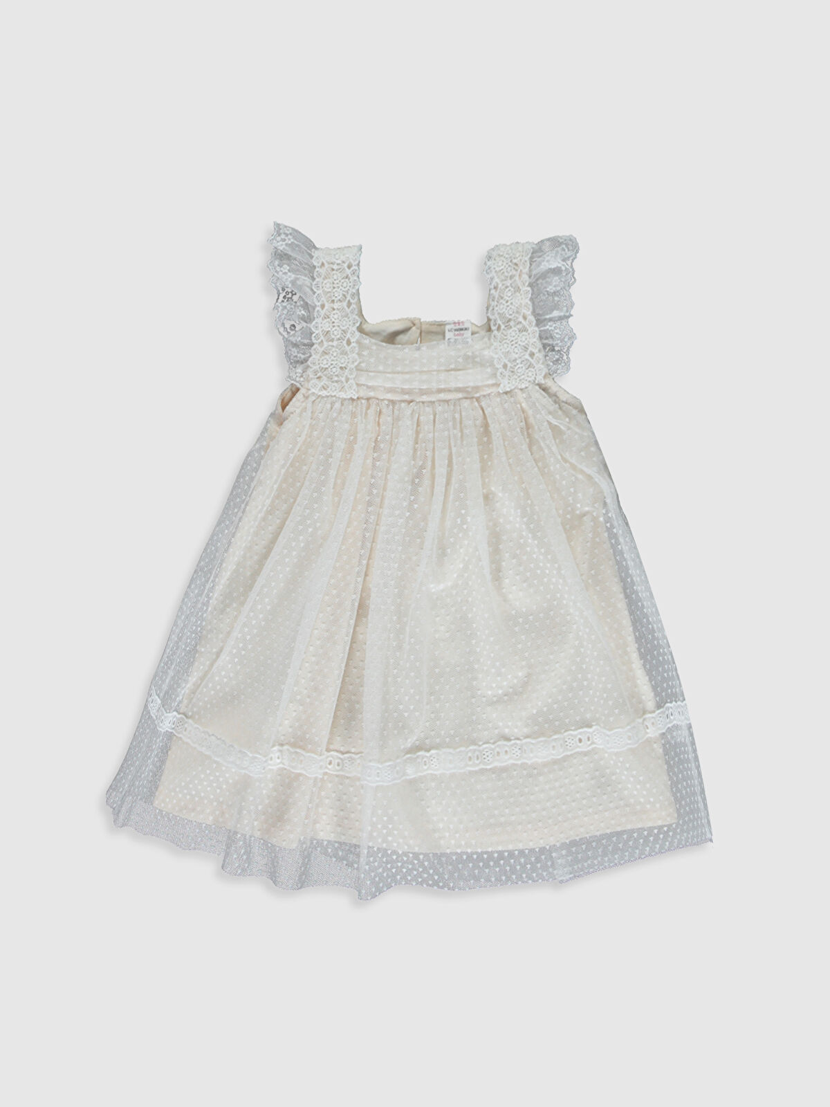 Kare Yaka Askılı Kendinden Desenli Kız Bebek Elbise