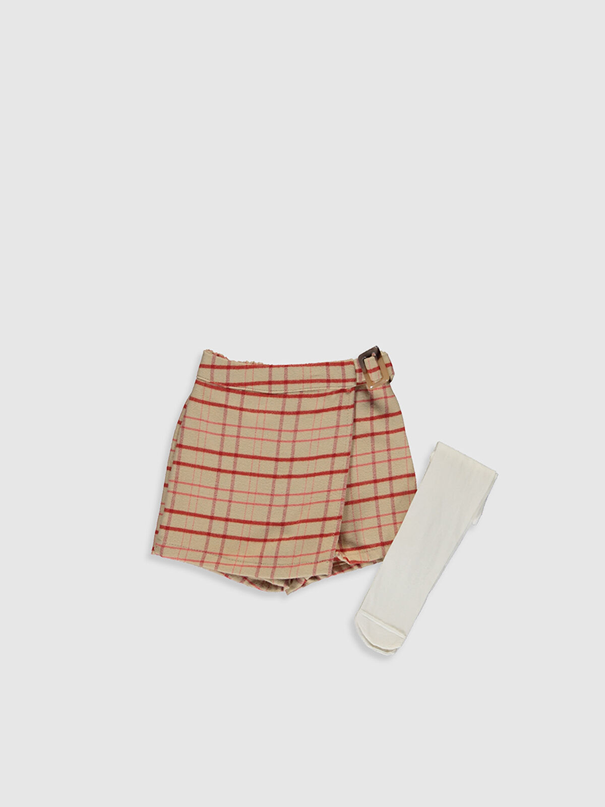 Bej Kız Bebek Ekose Şort ve Külotlu Çorap