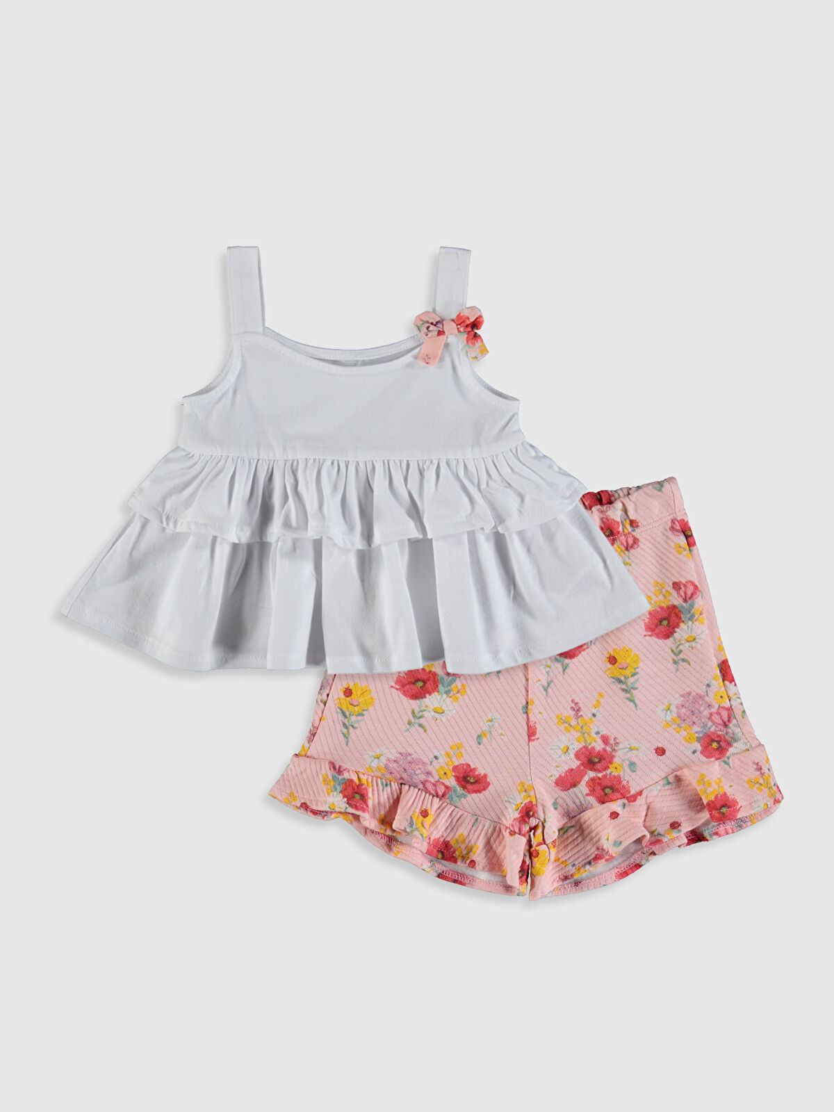 Askılı Fırfır Detaylı Kız Bebek Atlet ve Şort 2'li Takım