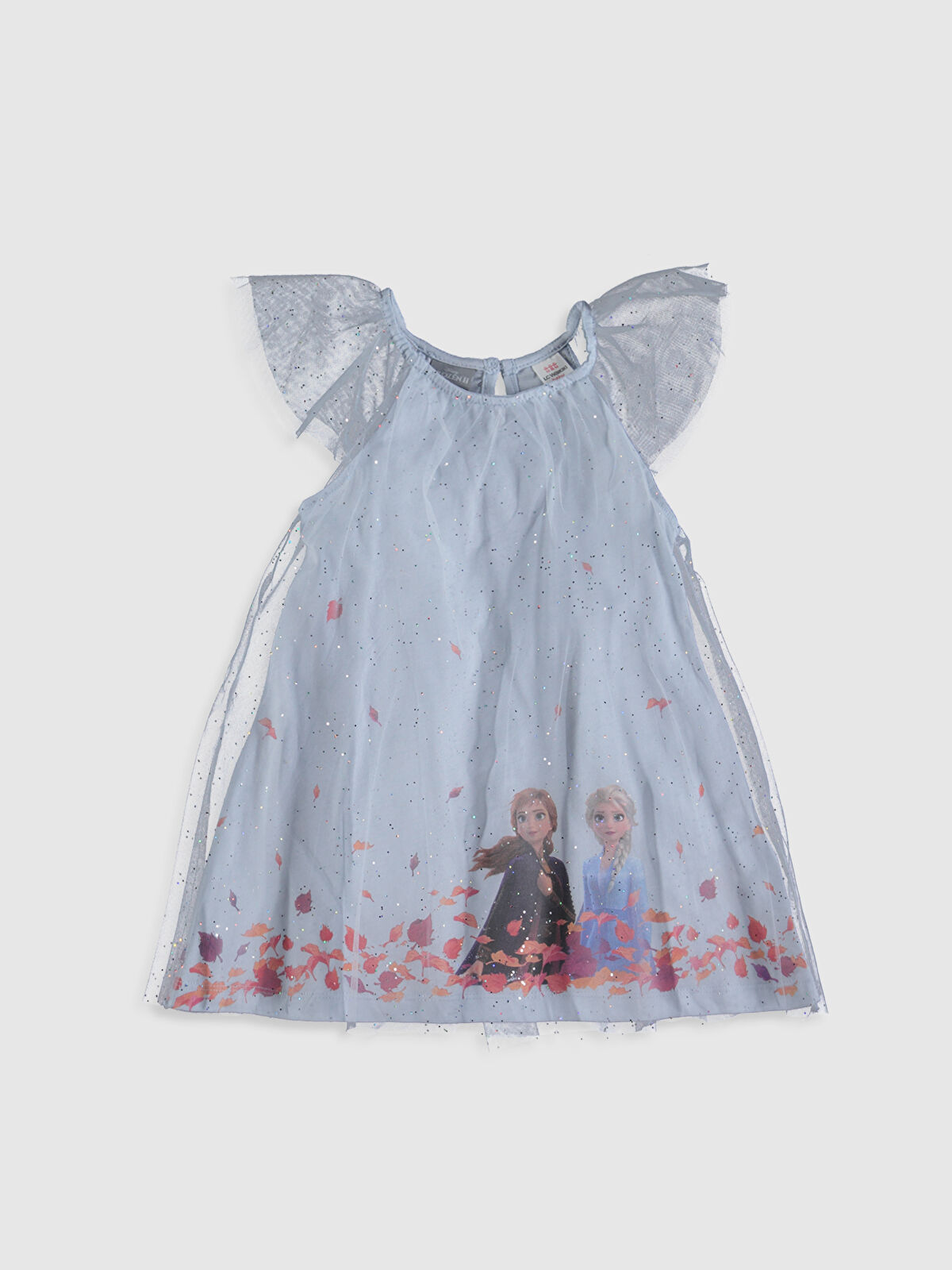 Bisiklet Yaka Frozen Baskılı Tül Detaylı Kız Bebek Elbise