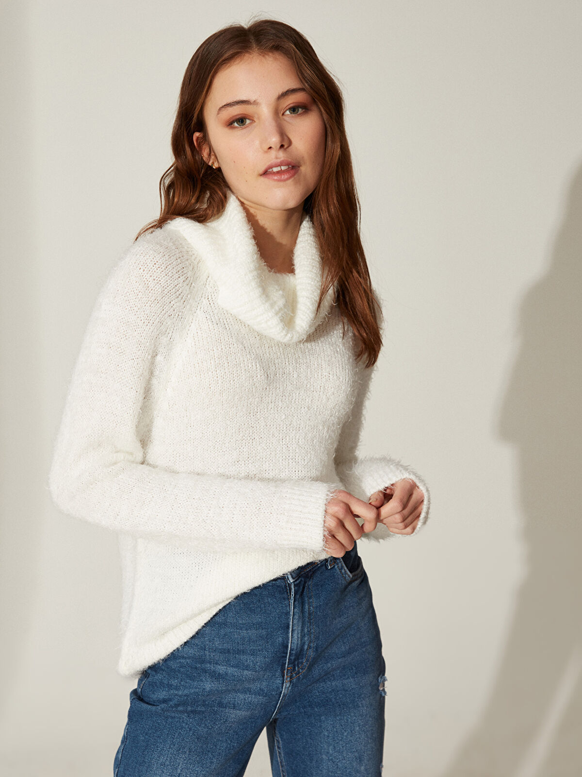 Degaje Yaka Düz Uzun Kollu Kadın Triko Kazak