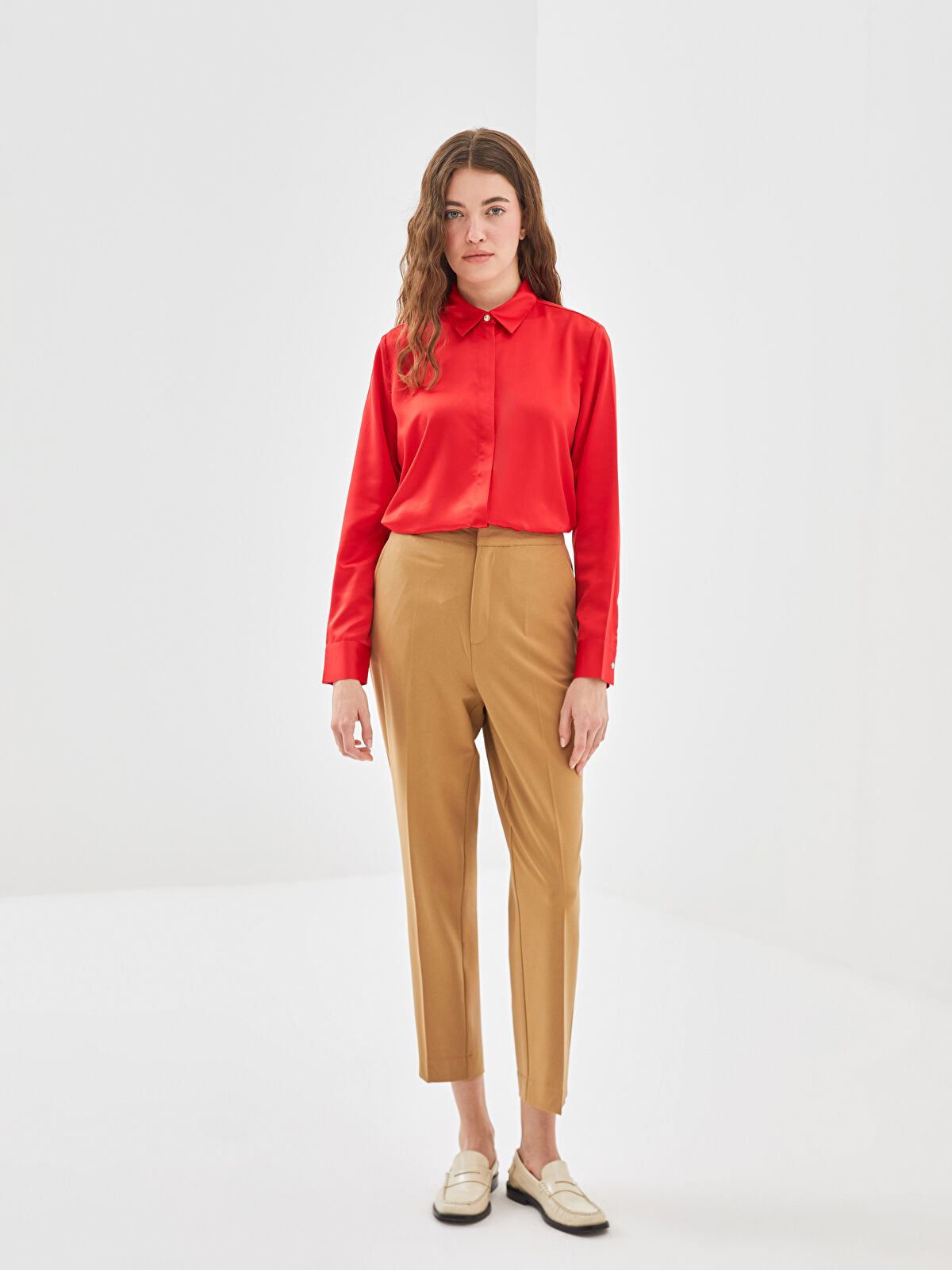 Loose Fit Pleated Women's Satin Shirt -S5BK61Z8-CRT Loose Fit Pleated Women's Satin Shirt -S5BK61Z8-CRT