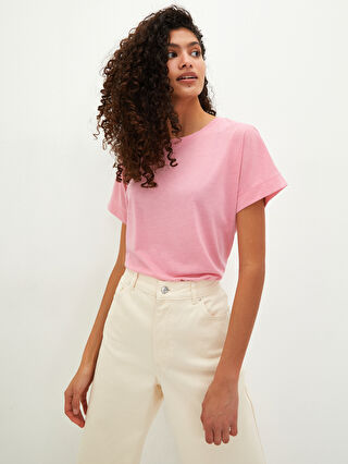 PEMBE Bisiklet Yaka Düz Kısa Kollu Kadın Tişört - S1IH44Z8-GD3 | LCW